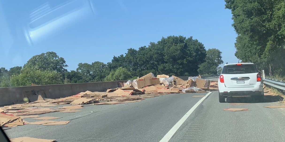 Cardboard blocks Highway 101 near Santa Margarita